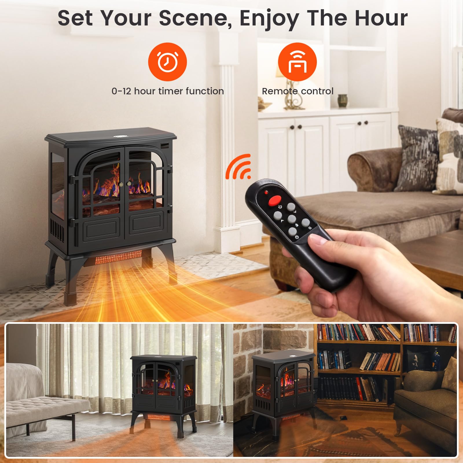 WARMTOO Electric Fireplace Freestanding Fireplace Stove 24 Inch PTC Heater with Realistic Flame,Remote Control, Timer, 5 Brightness Adjustments, Over Heating Protection