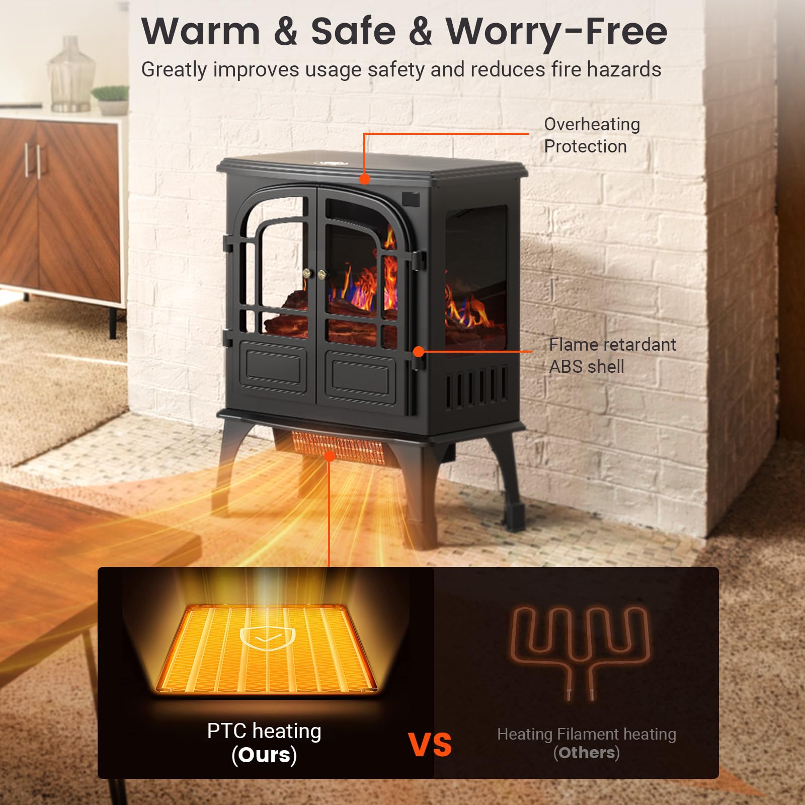 WARMTOO Electric Fireplace Freestanding Fireplace Stove 24 Inch PTC Heater with Realistic Flame,Remote Control, Timer, 5 Brightness Adjustments, Over Heating Protection