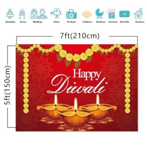 DOTOOMA 7X5FT Happy Diwali Photography Backdrops Red Background Yellow Marigold India Oil Lamp Candle Burning Lights Party Decor Props Supplies Polyester