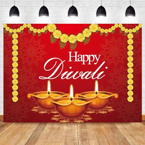 DOTOOMA 7X5FT Happy Diwali Photography Backdrops Red Background Yellow Marigold India Oil Lamp Candle Burning Lights Party Decor Props Supplies Polyester