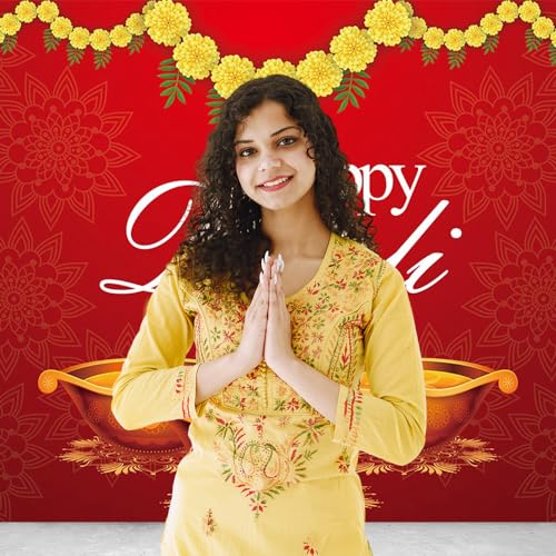 DOTOOMA 7X5FT Happy Diwali Photography Backdrops Red Background Yellow Marigold India Oil Lamp Candle Burning Lights Party Decor Props Supplies Polyester