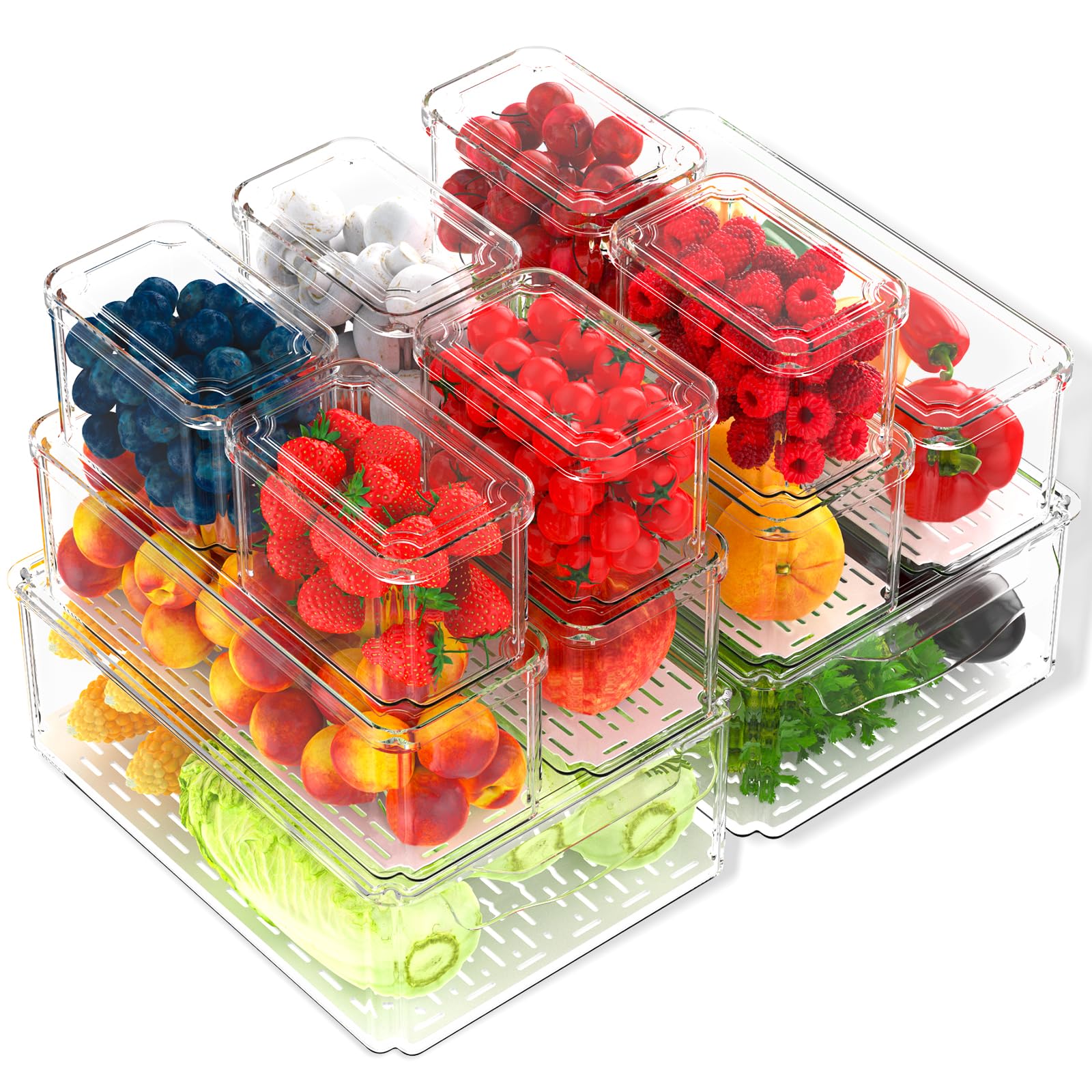 12 Pack Fridge Organizer, Refrigerator Organizer Bins with Lids, Clear Stackable BPA-Free Produce Fruit Storage Containers and Plastic Pantry Organization for Food