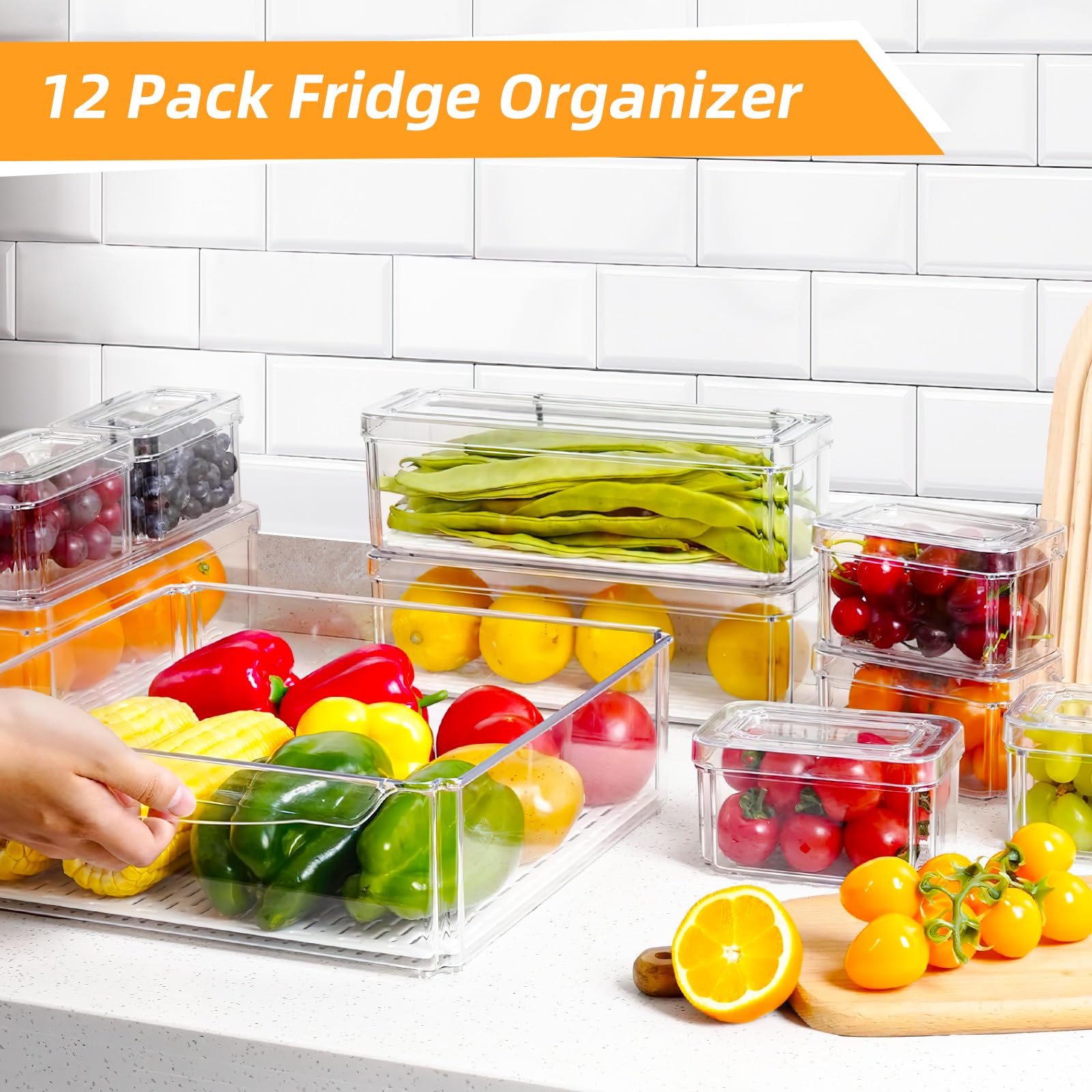 12 Pack Fridge Organizer, Refrigerator Organizer Bins with Lids, Clear Stackable BPA-Free Produce Fruit Storage Containers and Plastic Pantry Organization for Food