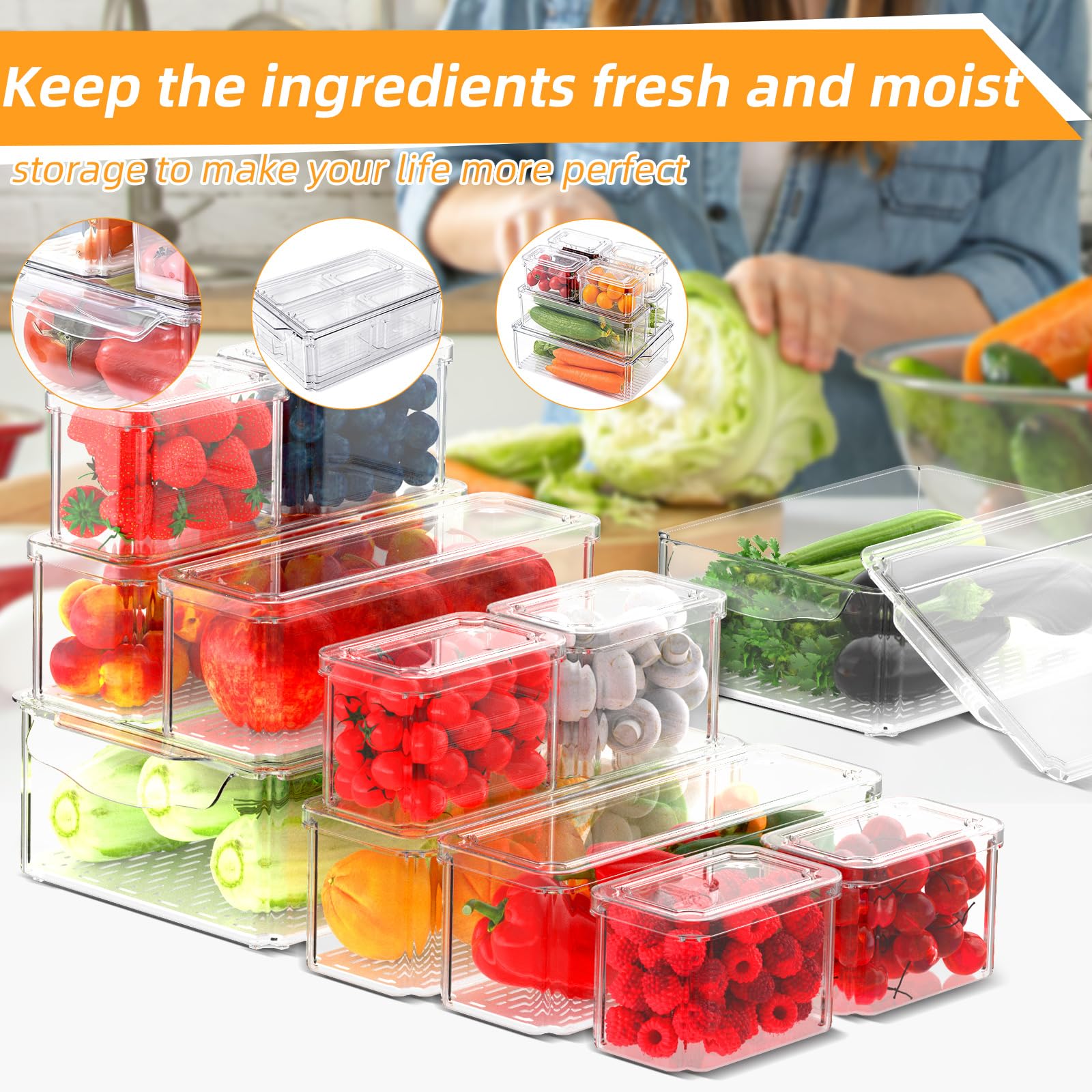 12 Pack Fridge Organizer, Refrigerator Organizer Bins with Lids, Clear Stackable BPA-Free Produce Fruit Storage Containers and Plastic Pantry Organization for Food