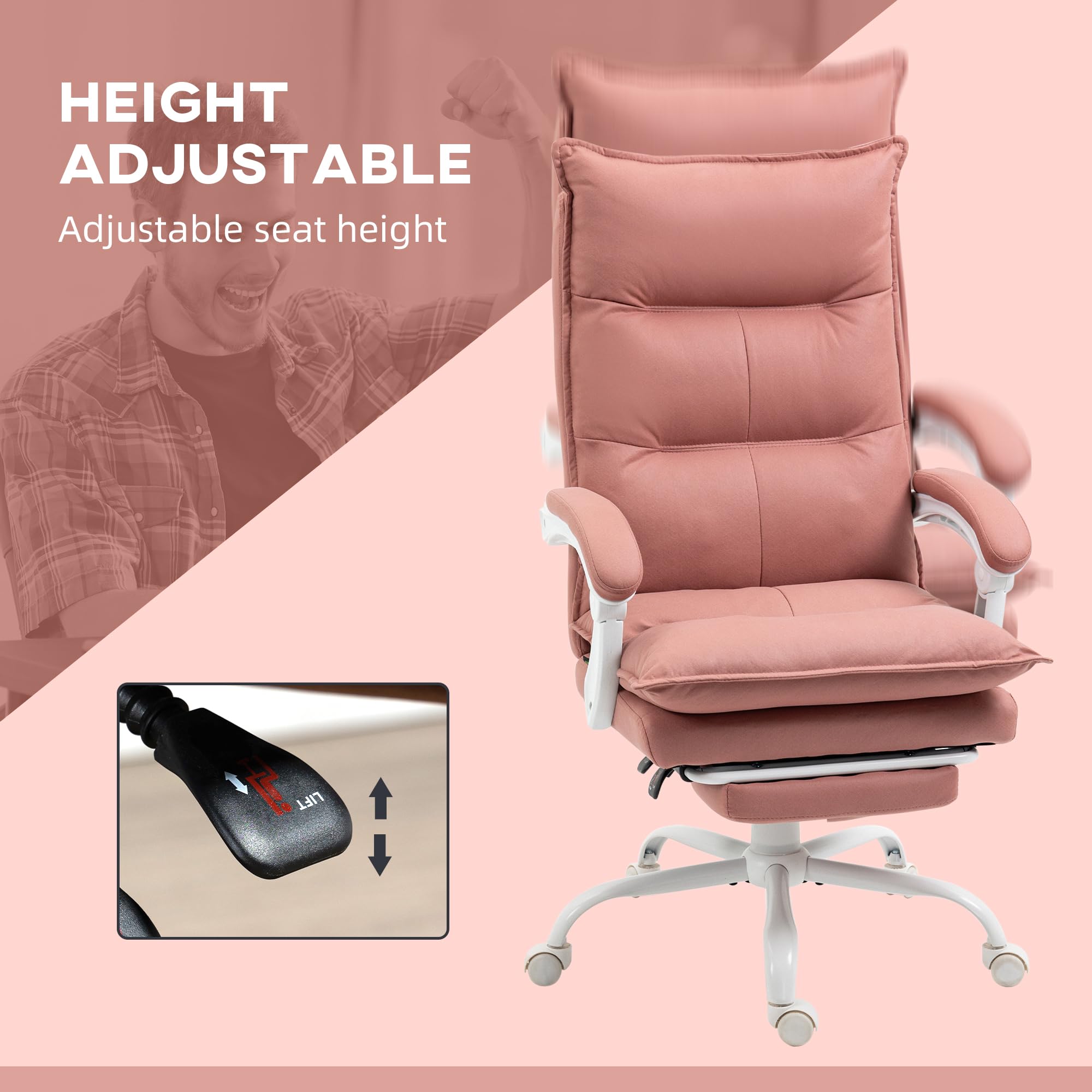 Vinsetto Executive Massage Office Chair with 6 Vibration Points, Microfiber Computer Desk Chair, Heated Reclining Chair with Footrest, Armrest, Double Padding, Pink