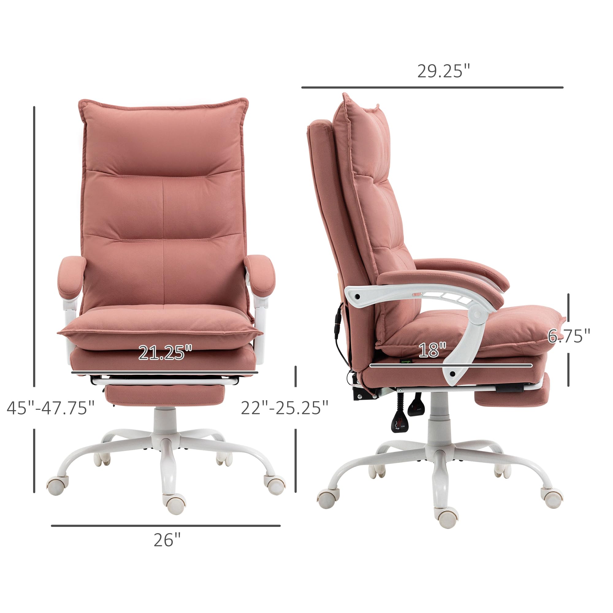 Vinsetto Executive Massage Office Chair with 6 Vibration Points, Microfiber Computer Desk Chair, Heated Reclining Chair with Footrest, Armrest, Double Padding, Pink