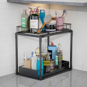 seveko under sink organizer, cabinet organizer,pull out cabinet shelves organizer 2 tier slide out sink shelf, multi-purpose organization and storage shelf, metal, black