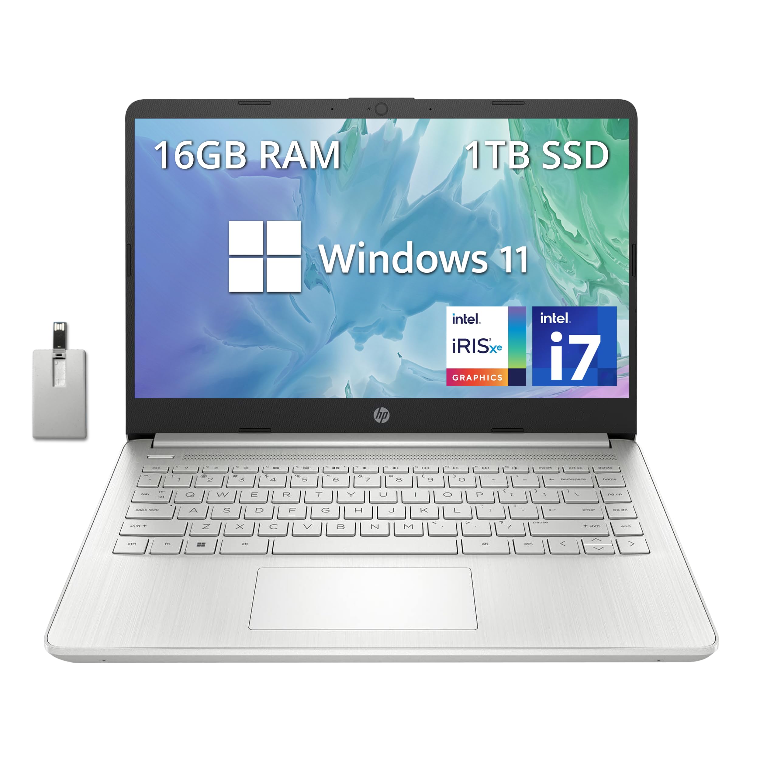 HP 14" FHD Thin & Light Laptop, Intel Core i7-1195G7, 16GB RAM, 1TB PCIe SSD, Intel Iris Xe Graphics, True Vision HD Camera, Backlit Keyboard, Wi-Fi 6, Bluetooth, Win 11, Silver, 32GB USB Card