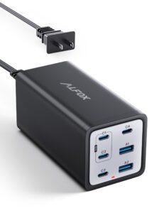 alfox 200w usb c charger, 6 ports gan pd140w fast charging station, portable laptop charger block, compatible with macbook pro/air, ipad pro/air, iphone 15 pro max/14, steam deck, dell xps, hp