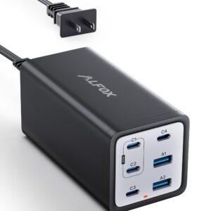 Alfox 200W USB C Charger, 6 Ports GaN PD140W Fast Charging Station, Portable Laptop Charger Block, Compatible with MacBook Pro/Air, iPad Pro/Air, iPhone 15 Pro Max/14, Steam Deck, Dell XPS, HP