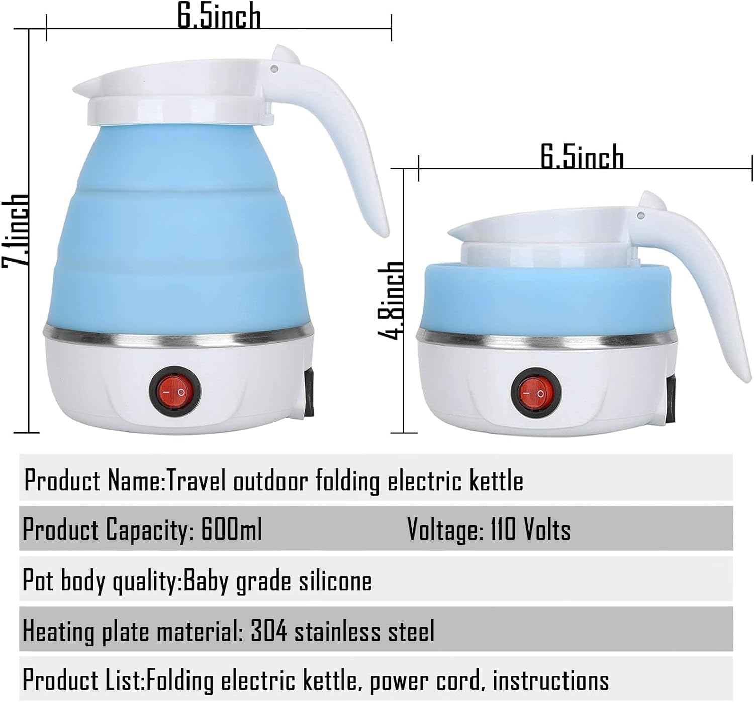 Foldable Electric Travel Kettle - Portable and Convenient Silicone Collapsible Water Boiler and Tea Pot for Camping - Easy Storage with Detachable Power Cord （Blue）