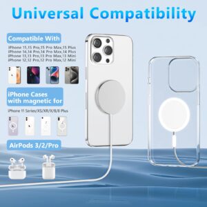 Magnetic Wireless Charger for iPhone/AirPods, 15W Fast Wireless Charger with 1 x USB C to USB Adapter Compatible with Mag-Safe Charger iPhone 15/15 Pro/15 Plus/15 Pro Max/14/14Pro/14 Pro Max/13/12