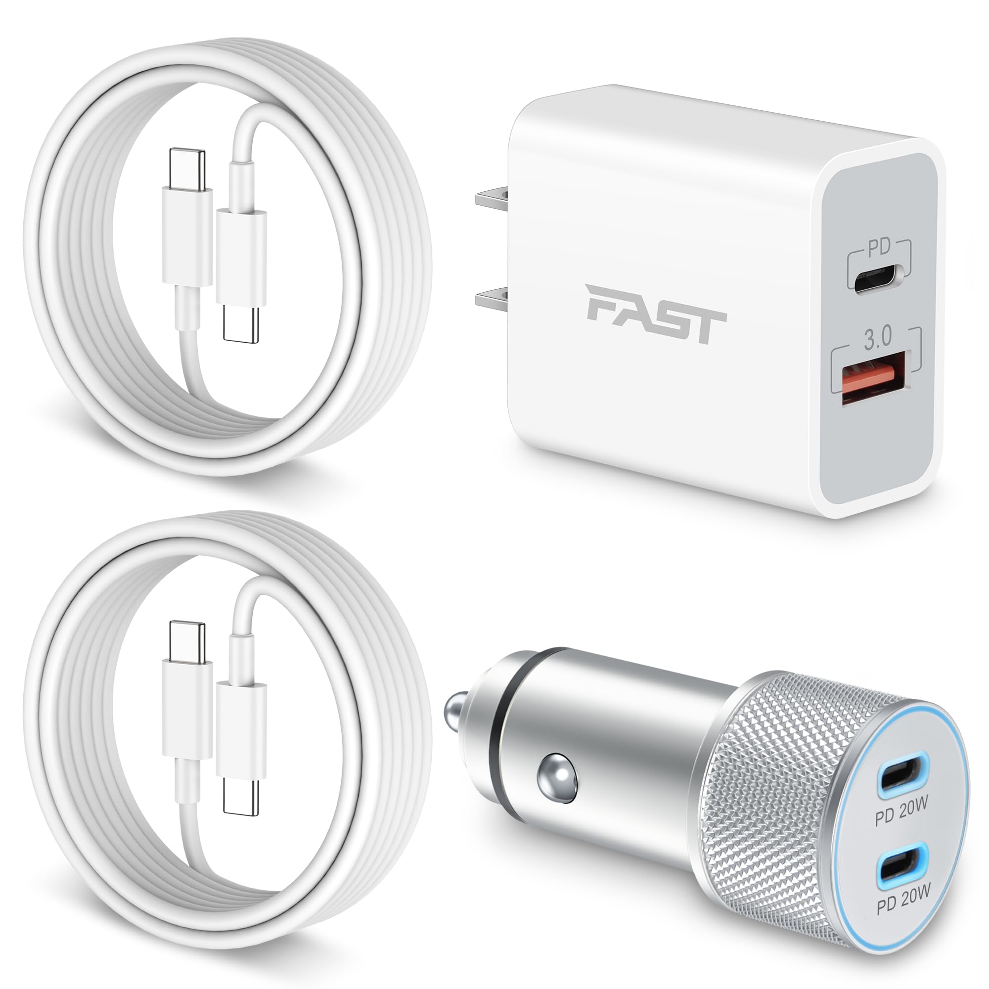 20W Dual Port Fast Wall Charger Block + 2Pack 6FT C to C Fast Charging Sync Cable + 40W Car Charger for iPhone 15/15 Plus/15 Pro Max, iPad Pro/Air/Mini