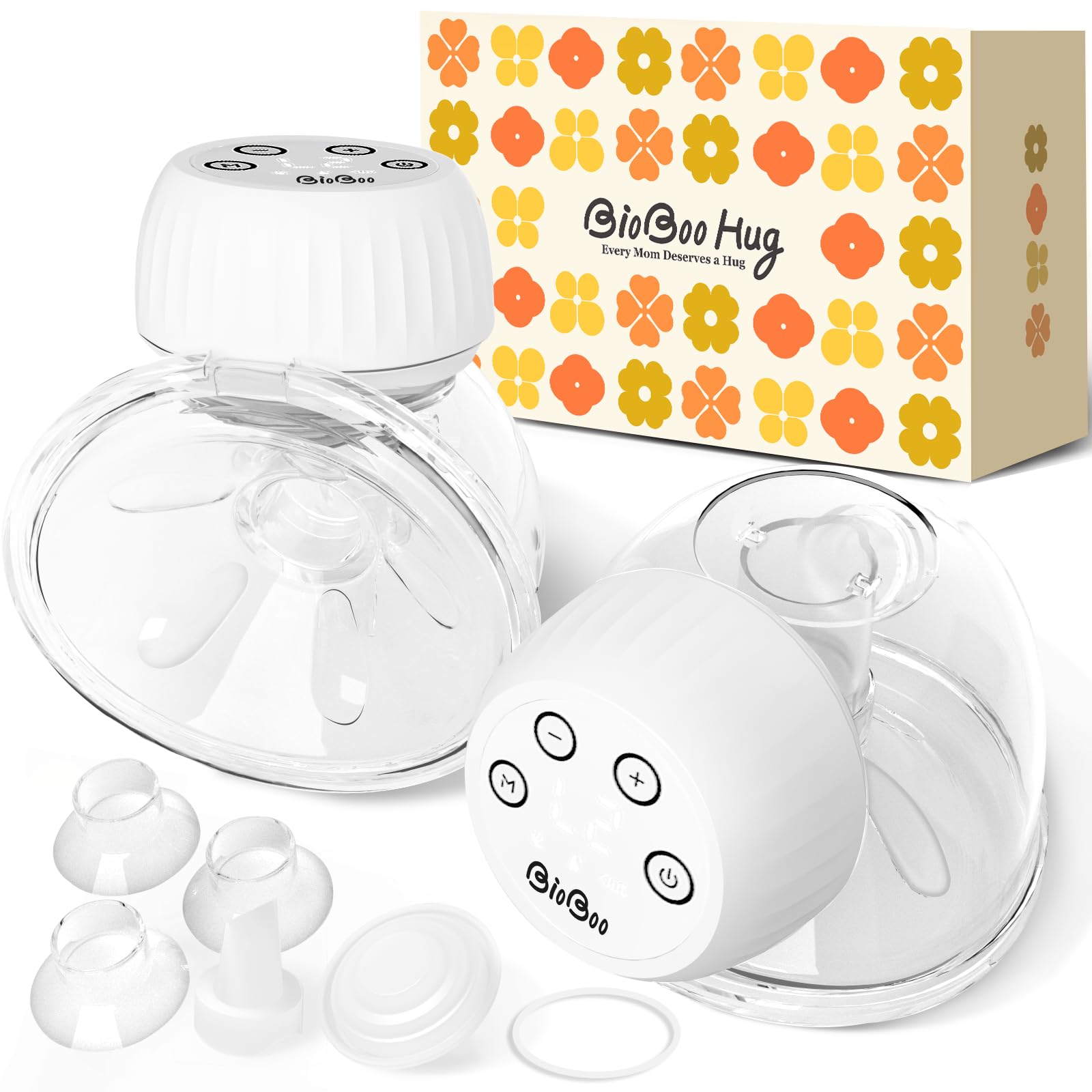 BIOBOO Hug Spa-Level Breast Pump Hands Free, Including Replacement Accessories, Hands Free Breast Pump, Double-Sealed Flower Flange - 24mm, 2 Pack