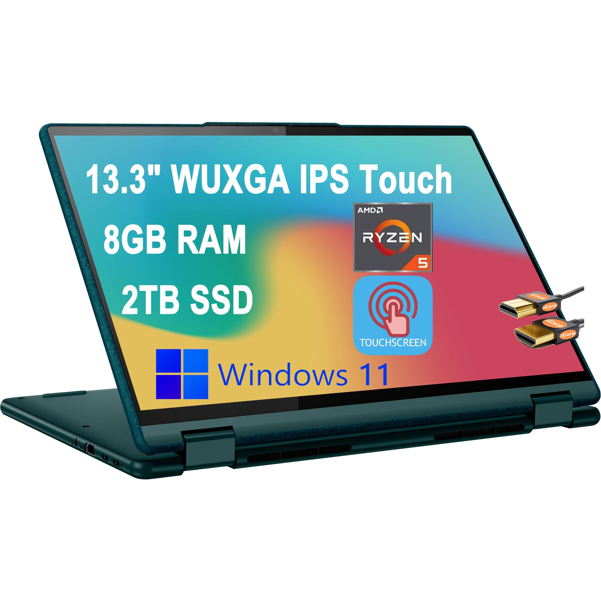 Lenovo Yoga 6 13 2-in-1 Laptop 13.3" WUXGA IPS Touchscreen (100% sRGB) AMD Hexa-Core Ryzen 5 5500U (Beats i7-10510U) 8GB RAM 2TB SSD Backlit Fingerprint HDMI USB-C Win11 Dark Teal + HDMI Cable