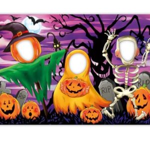 Horror Night Face in Hole Backdrop 5 x 3.3 ft, Pumpkin Head Scarecrow Ghosts Skeletons Face Cutout Photo Props, Halloween Spooky Night Full Moon Bats Monster Tree Photography Background