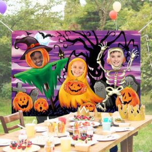 Horror Night Face in Hole Backdrop 5 x 3.3 ft, Pumpkin Head Scarecrow Ghosts Skeletons Face Cutout Photo Props, Halloween Spooky Night Full Moon Bats Monster Tree Photography Background