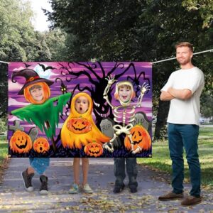 Horror Night Face in Hole Backdrop 5 x 3.3 ft, Pumpkin Head Scarecrow Ghosts Skeletons Face Cutout Photo Props, Halloween Spooky Night Full Moon Bats Monster Tree Photography Background