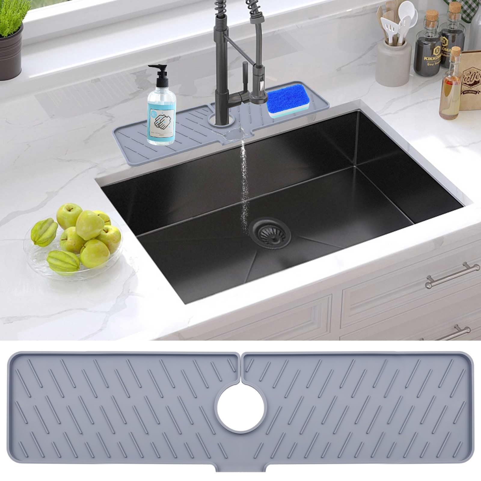 18 Inch Sink Splash Guard,18” x 5.9” Faucet Handle Drip Catcher Tray, Faucet Water Catcher Mat, Faucet Splash Guard, Faucet Mat for Kitchen, Bar Prep Sink, Bathroom, Laundry Room, Farmhouse(Gray)