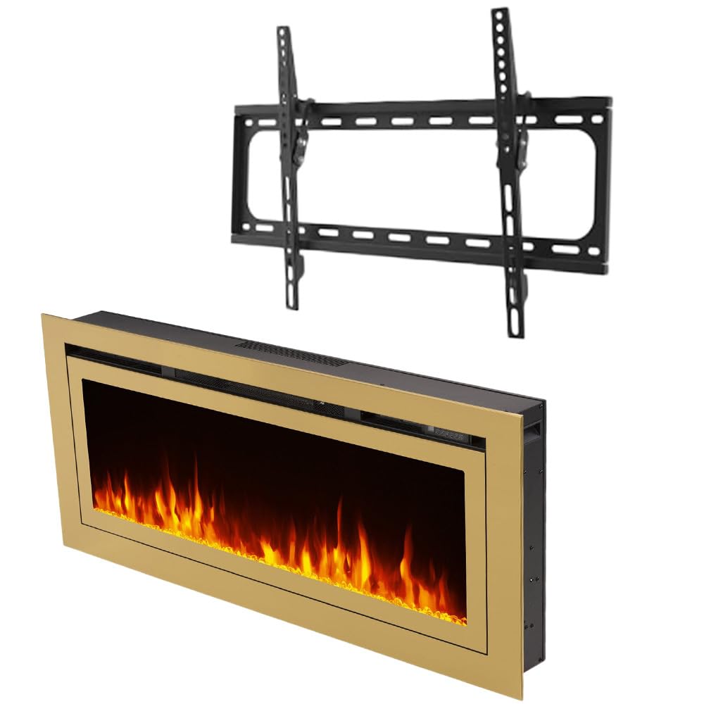 Touchstone Fireplace and TV Mount Bundle - Sideline Deluxe™ 50 Inch Wide Gold Smart Electric Fireplace and Low Profile TV Wall Mount Bracket