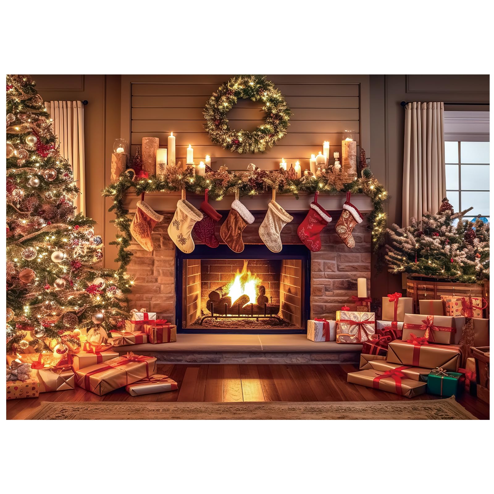 VitalCozy Christmas Fireplace Backdrop Christmas Xmas Tree Stocking Polyester Background Decoration for Photo Studio Props (7 x 5 ft)