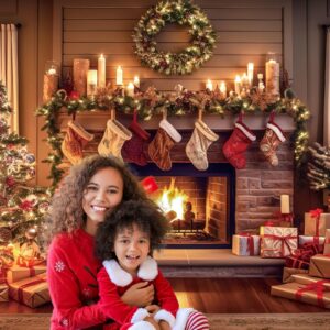 VitalCozy Christmas Fireplace Backdrop Christmas Xmas Tree Stocking Polyester Background Decoration for Photo Studio Props (7 x 5 ft)