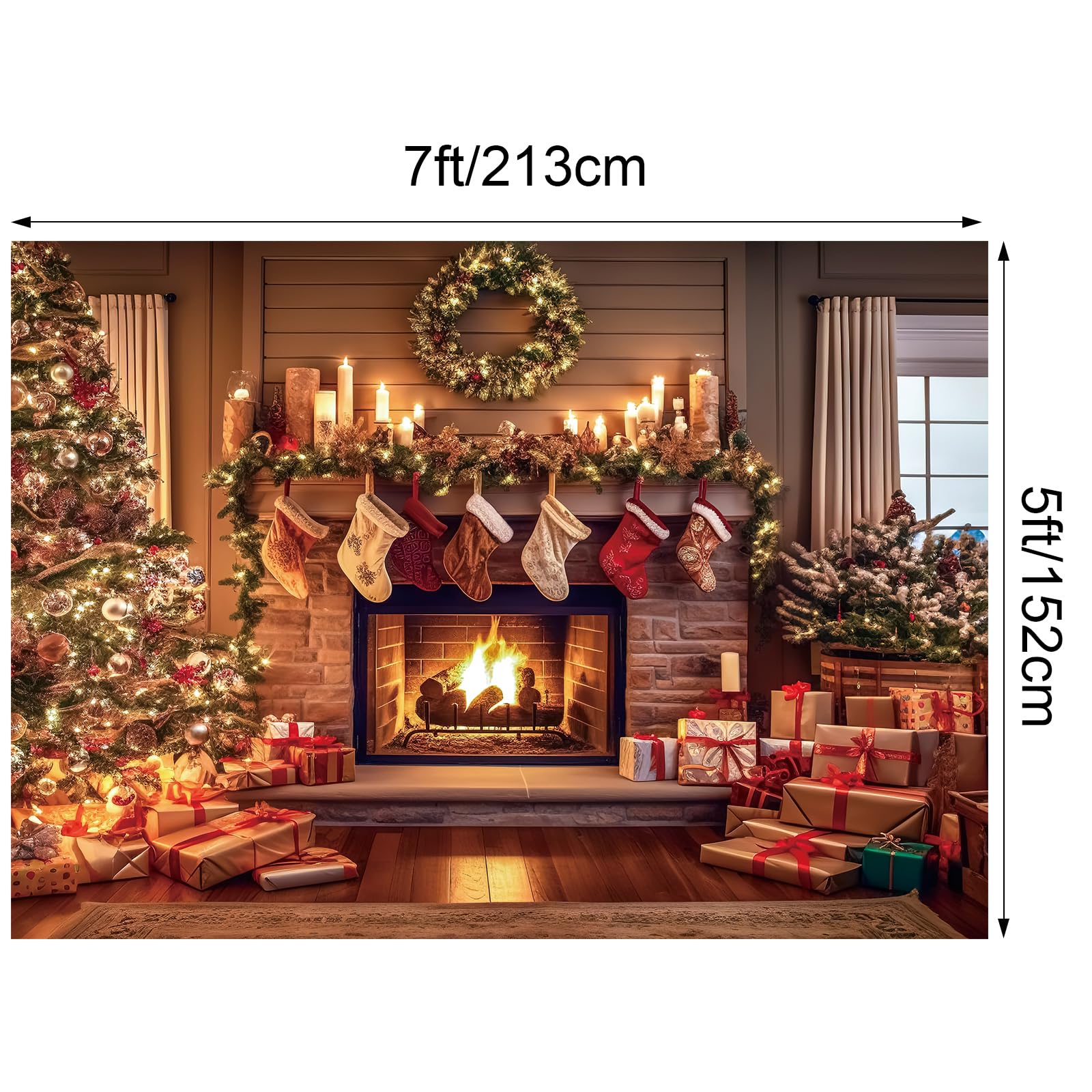 VitalCozy Christmas Fireplace Backdrop Christmas Xmas Tree Stocking Polyester Background Decoration for Photo Studio Props (7 x 5 ft)