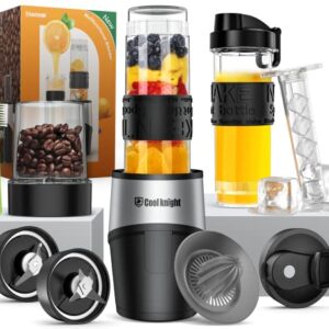 COOL KNIGHT Personal Blender, 500 Watts Smoothie Blender for Shakes and Smoothies, 10 pcs Kitchen Mixer Set with 20oz Sports Mug, Grinder Cup, 2 to-go lid, Freezer Rod and lemon squeezer.