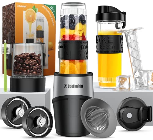 COOL KNIGHT Personal Blender, 500 Watts Smoothie Blender for Shakes and Smoothies, 10 pcs Kitchen Mixer Set with 20oz Sports Mug, Grinder Cup, 2 to-go lid, Freezer Rod and lemon squeezer.