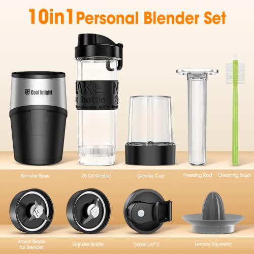 COOL KNIGHT Personal Blender, 500 Watts Smoothie Blender for Shakes and Smoothies, 10 pcs Kitchen Mixer Set with 20oz Sports Mug, Grinder Cup, 2 to-go lid, Freezer Rod and lemon squeezer.