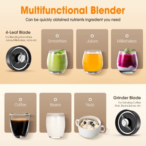 COOL KNIGHT Personal Blender, 500 Watts Smoothie Blender for Shakes and Smoothies, 10 pcs Kitchen Mixer Set with 20oz Sports Mug, Grinder Cup, 2 to-go lid, Freezer Rod and lemon squeezer.