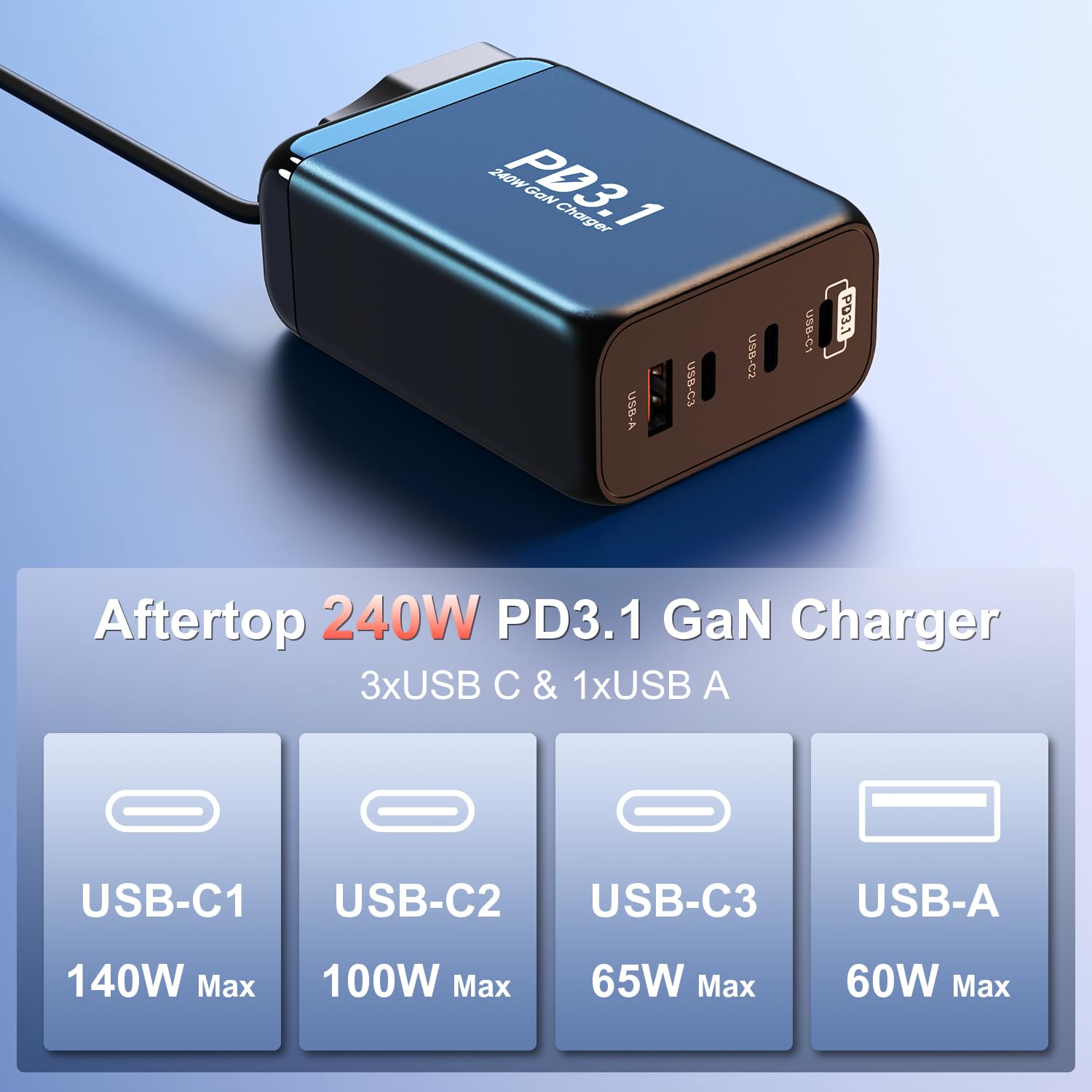 Aftertop 240W USB C Charger, GaN PD3.1 140W PPS45W QC60W Super Fast Charging Station for MacBook Pro 16'' M1/M2, iPad Pro, iPhone 15 14 Plus 13 Pro Max, Galaxy S23/S22, Steam Deck and More