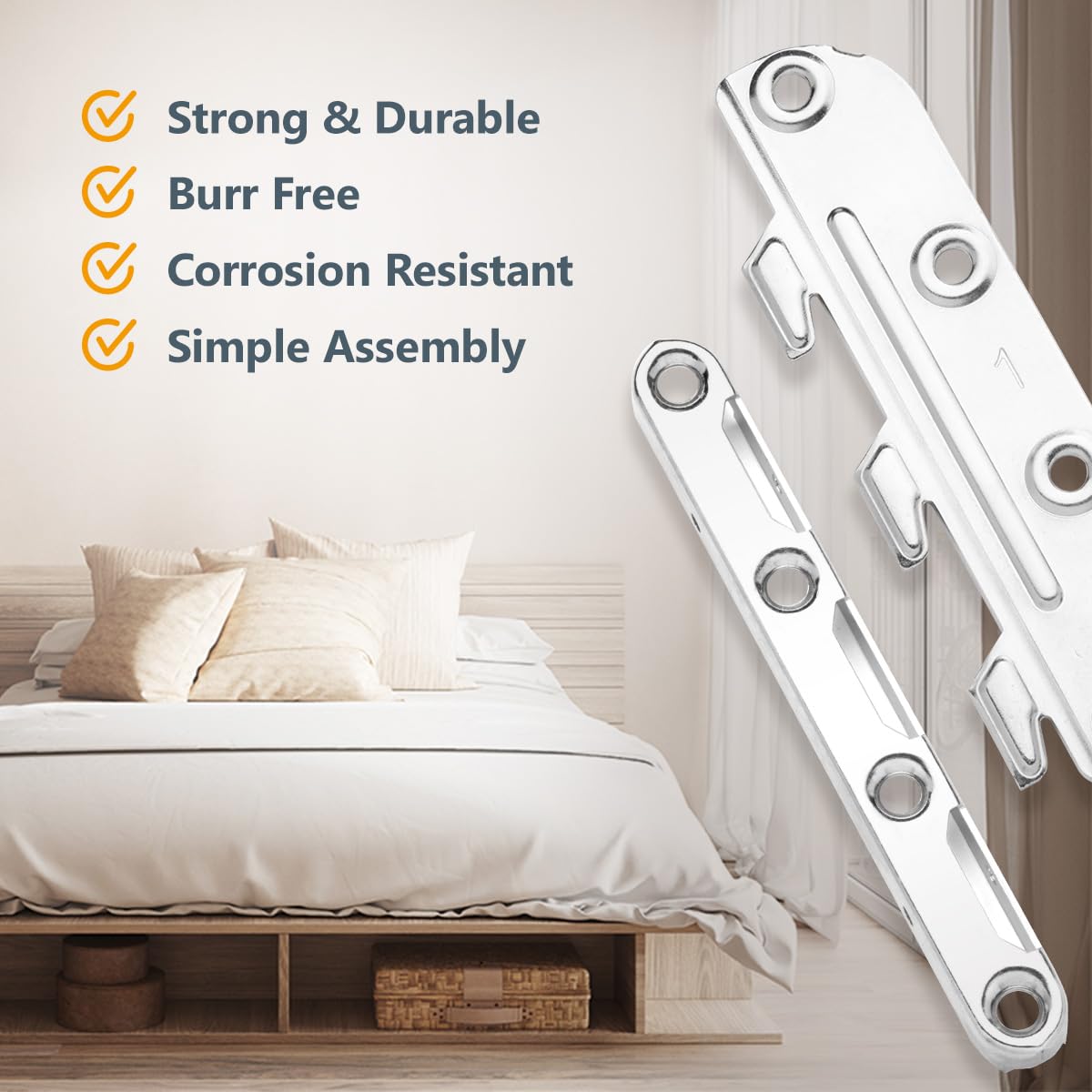 POWERTEC 71425-P2V Surface Mounted Bed Rail Brackets, Bed Frame Fasteners Hardware with Mounting Screws, Bed Rail Hooks for Wood Bed Frame, Set of 8