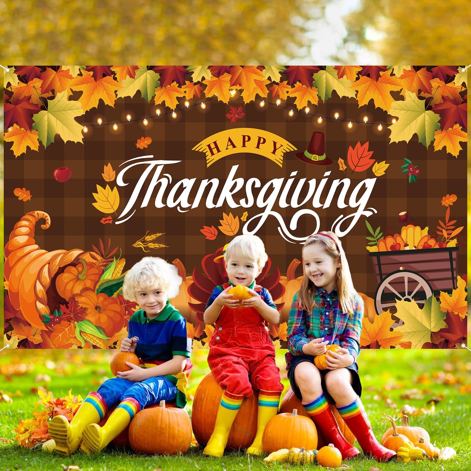 XtraLarge Happy Thanksgiving Banner 72x44 Inch, Happy Thanksgiving Backdrop, Thanksgiving Decorations Banner, Thanksgiving Pumpkin Maple Turkey Wall Banner