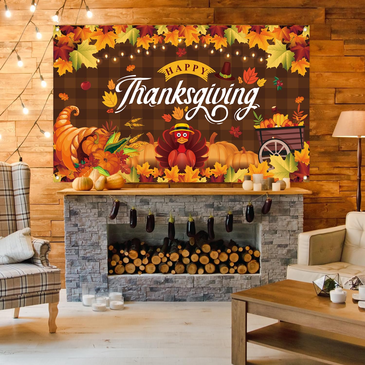 XtraLarge Happy Thanksgiving Banner 72x44 Inch, Happy Thanksgiving Backdrop, Thanksgiving Decorations Banner, Thanksgiving Pumpkin Maple Turkey Wall Banner