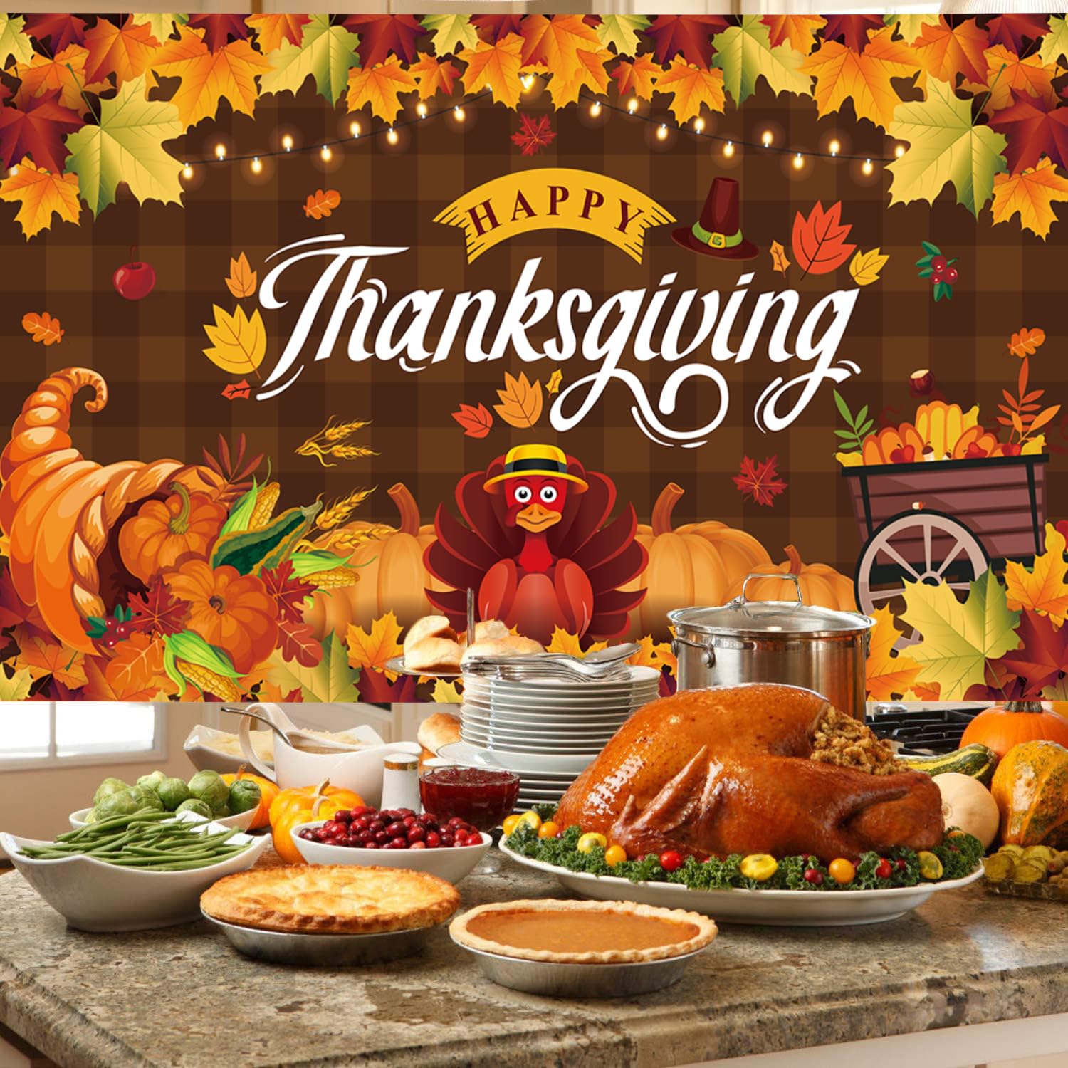 XtraLarge Happy Thanksgiving Banner 72x44 Inch, Happy Thanksgiving Backdrop, Thanksgiving Decorations Banner, Thanksgiving Pumpkin Maple Turkey Wall Banner