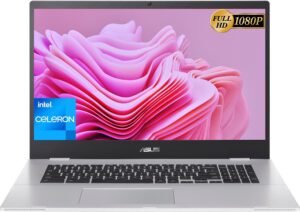 asus 2023 newest chromebook, 17.3 inch fhd display, intel celeron-n4500 processor, 4gb ram, 128gb storage (64gb emmc+64gb sd card), intel uhd graphics 630, wi-fi 6, long battery life, chrome os