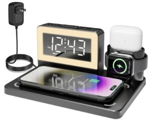 alarm clock with wireless charging,7 color night light,5 in 1 wireless charger for apple,fast wireless charging station for iphone15/14/13/12/11/pro series,for apple watch,for airpods (black)