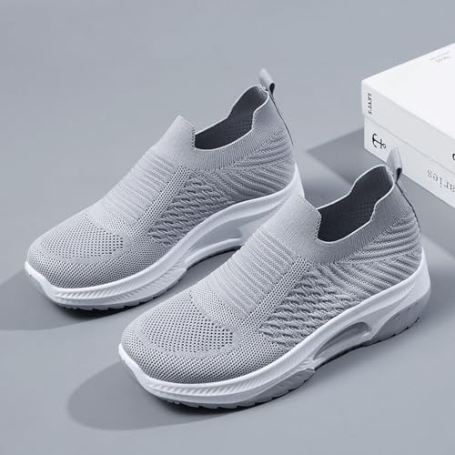 Women's Knitted Mesh Slip On Sock Sneakers,Breathable Upper Lightweight Platform Walking Nursing Shoes with Arch Support for Plantar Fasciitis (Grey,9)