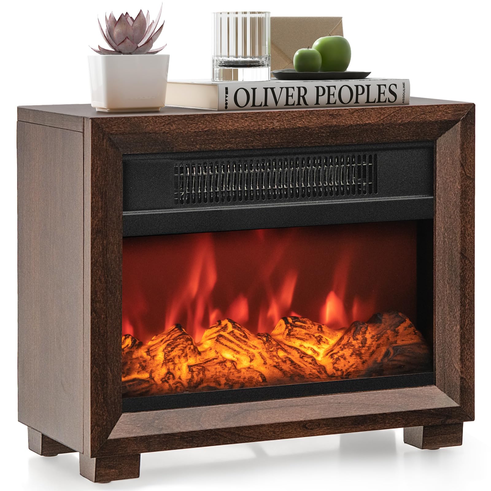 Tangkula Electric Fireplace Heater, 750W Mini Wooden Tabletop Fireplace with Realistic Flame, Safety Protection, 2550 BTU Portable Desktop Fireplace for Apartment, Christmas Decoration (Brown)