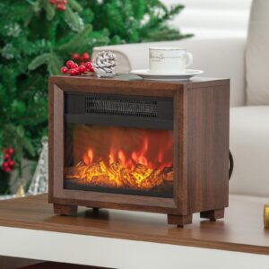 Tangkula Electric Fireplace Heater, 750W Mini Wooden Tabletop Fireplace with Realistic Flame, Safety Protection, 2550 BTU Portable Desktop Fireplace for Apartment, Christmas Decoration (Brown)