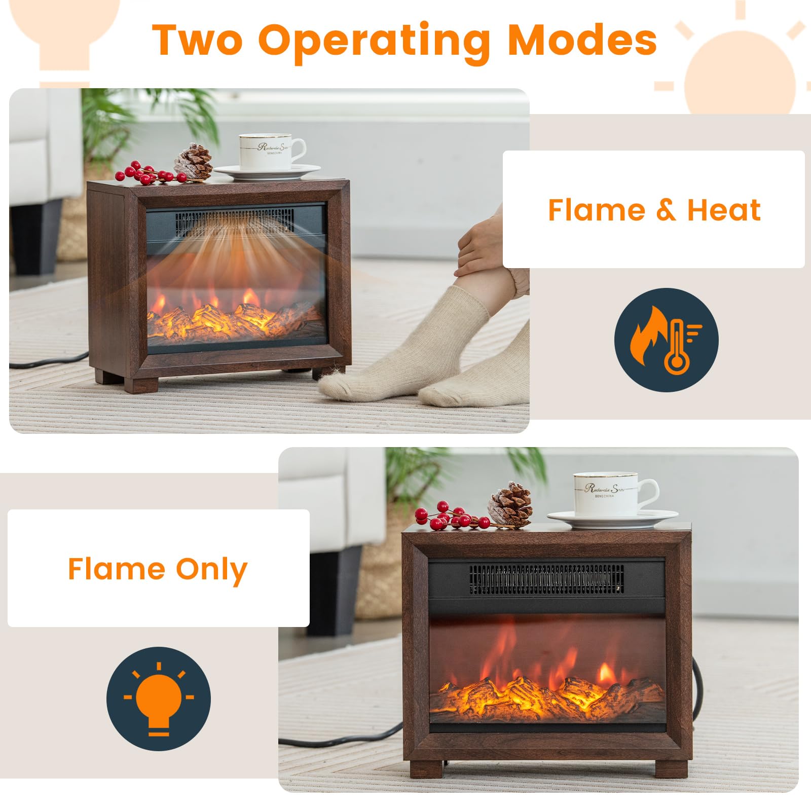 Tangkula Electric Fireplace Heater, 750W Mini Wooden Tabletop Fireplace with Realistic Flame, Safety Protection, 2550 BTU Portable Desktop Fireplace for Apartment, Christmas Decoration (Brown)