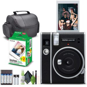 fujifilm instax mini 40 instant camera black vintage look bundle with fuji instax mini film 20 sheets + 4 rechargeable batteries and more perfect camera for kids, wedding, birthday or any occasion