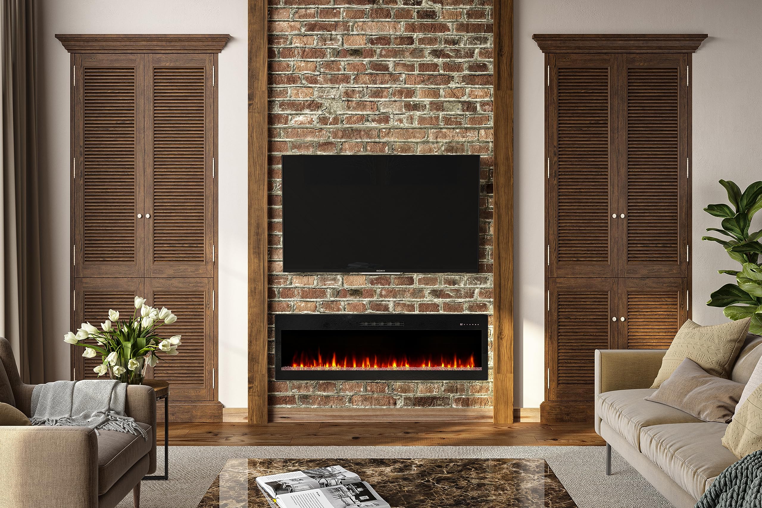 Bridgevine Home 60 inch Recessed and Wall Mounted Electric Fireplace - Modern Touch Screen Fireplace Insert with Adjustable Flame Color and Speed. Includes a Remote Control with Timer.