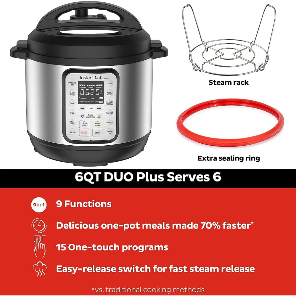 Instant Pot 072-10-4433 Duo Plus 9-in-1 Electric Pressure Cooker 6 Quart Stainless Steel (Renewed)F