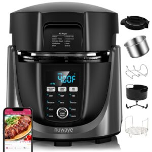 nuwave duet air fryer and electric pressure cooker combo with 2 switchable lids, 300 foolproof one-touch presets, crisp&tender tech, 6qt heavy-duty stainless steel pot, 15+ safety features, max 105kpa