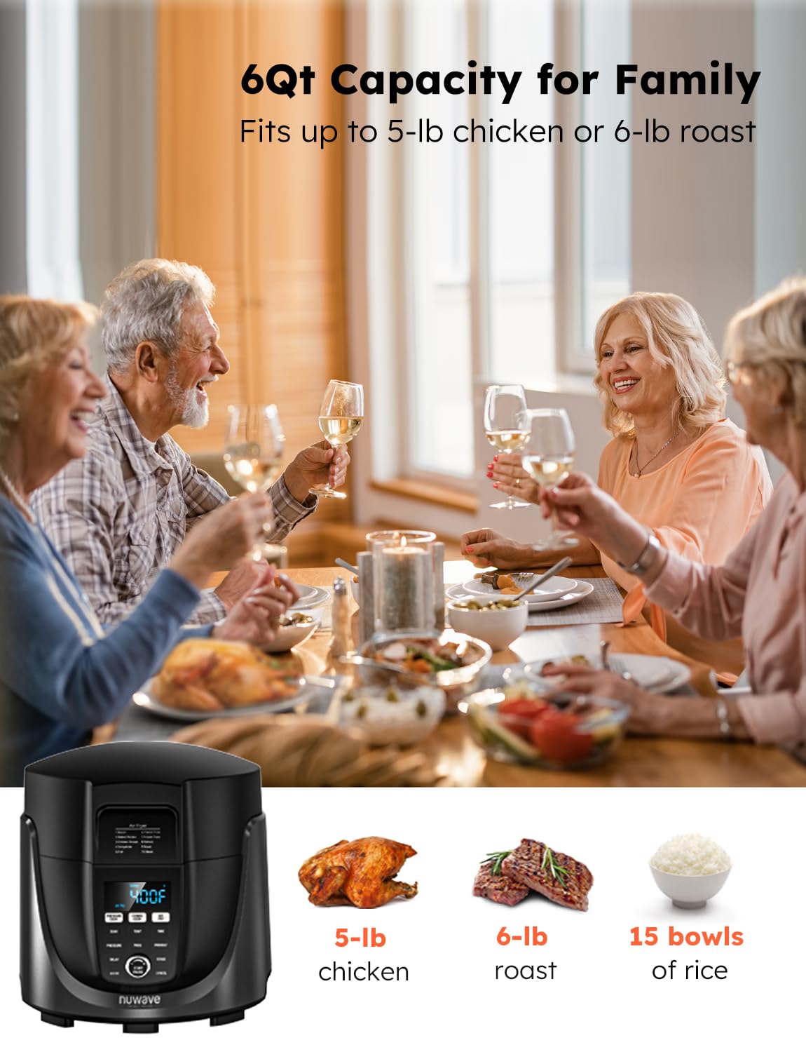 Nuwave Duet Air Fryer and Electric Pressure Cooker Combo with 2 Switchable Lids, 300 FoolProof One-Touch Presets, Crisp&Tender Tech, 6QT Heavy-duty Stainless Steel Pot, 15+ Safety Features, Max 105Kpa