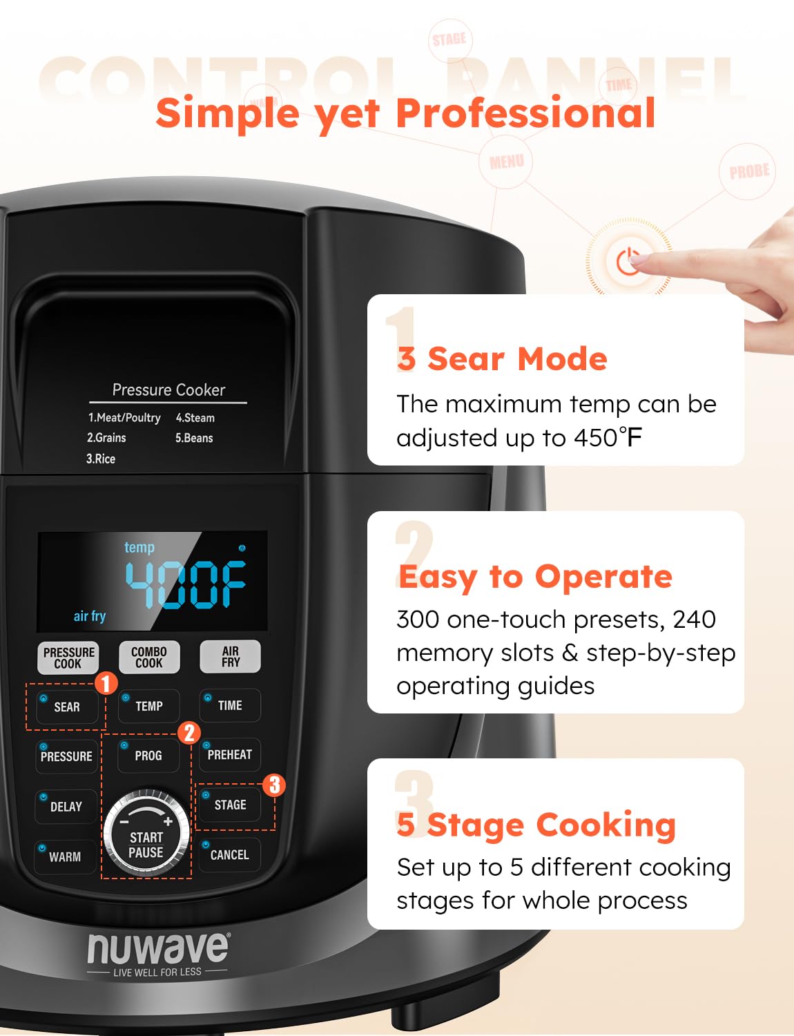 Nuwave Duet Air Fryer and Electric Pressure Cooker Combo with 2 Switchable Lids, 300 FoolProof One-Touch Presets, Crisp&Tender Tech, 6QT Heavy-duty Stainless Steel Pot, 15+ Safety Features, Max 105Kpa