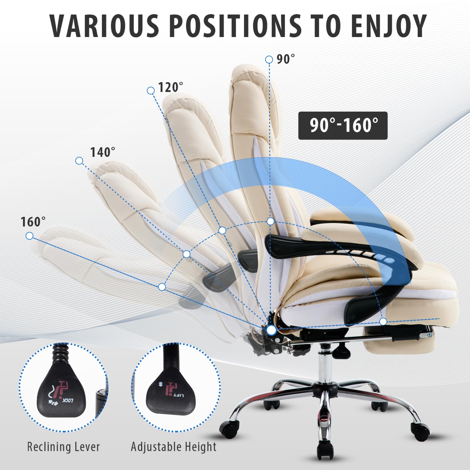 linting Comfortable Reclining Office Chairs with Lumbar Support Footrest, PU Leather Wide Seat Managerial Executive Chairs, 300lbs Recliner Desk Chair with Wheels