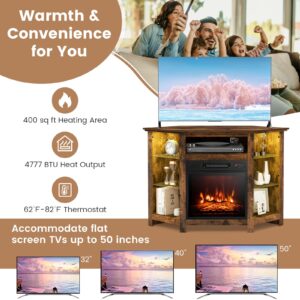 Tangkula Fireplace Corner TV Stand with LED Lights & Smart APP Control for 50 Inches TV, Entertainment Center with Adjustable Glass Shelves, 18” Electric Fireplace, Remote Control, Thermostat